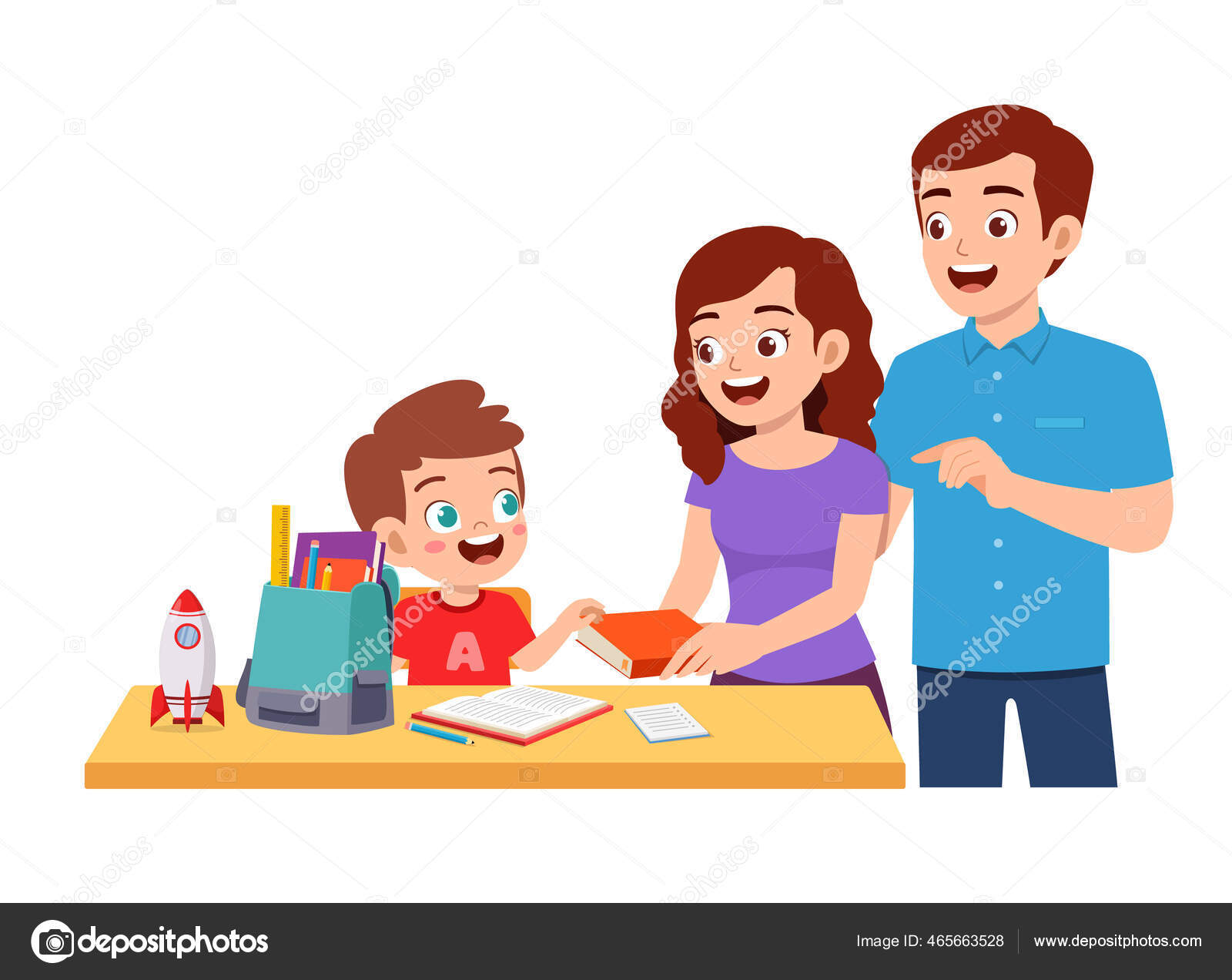 Cute Little Boy Study Mother Father Home Together Stock Vector by ...