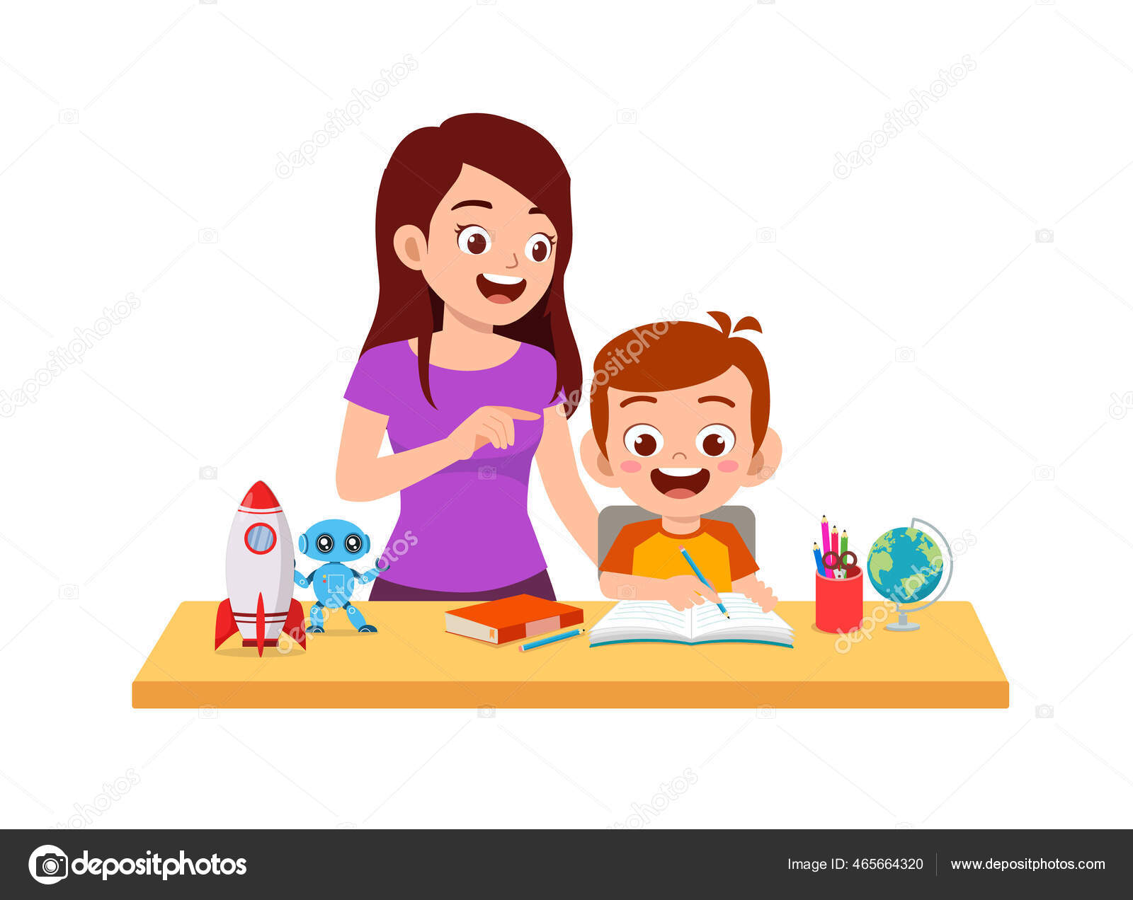 Cute Little Boy Study Mother Home Together Stock Vector by ...