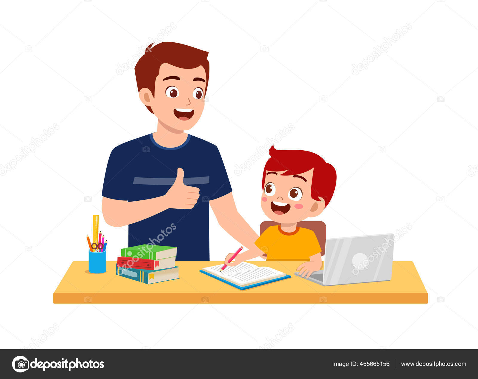 Cute Little Boy Study Father Home Together Stock Vector Image by ...