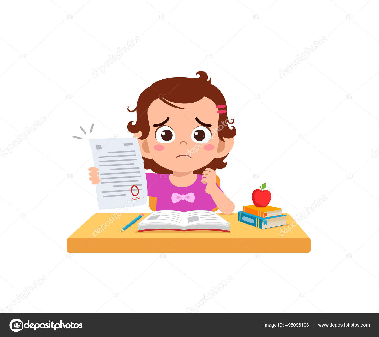 Cute Little Girl Feel Sad Because Get Bad Grade Exam Stock Vector Image ...