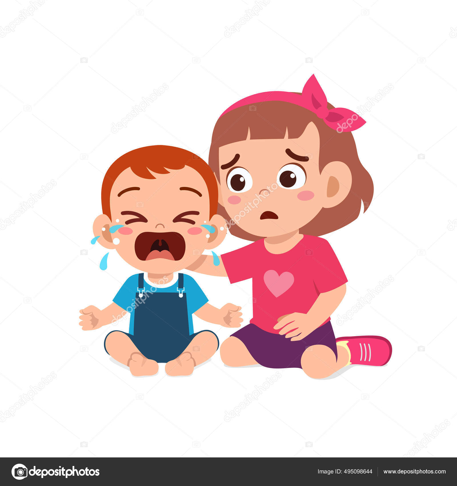 Linda Niña Tratar Consolar Llorando Hermanito Vector de stock ...