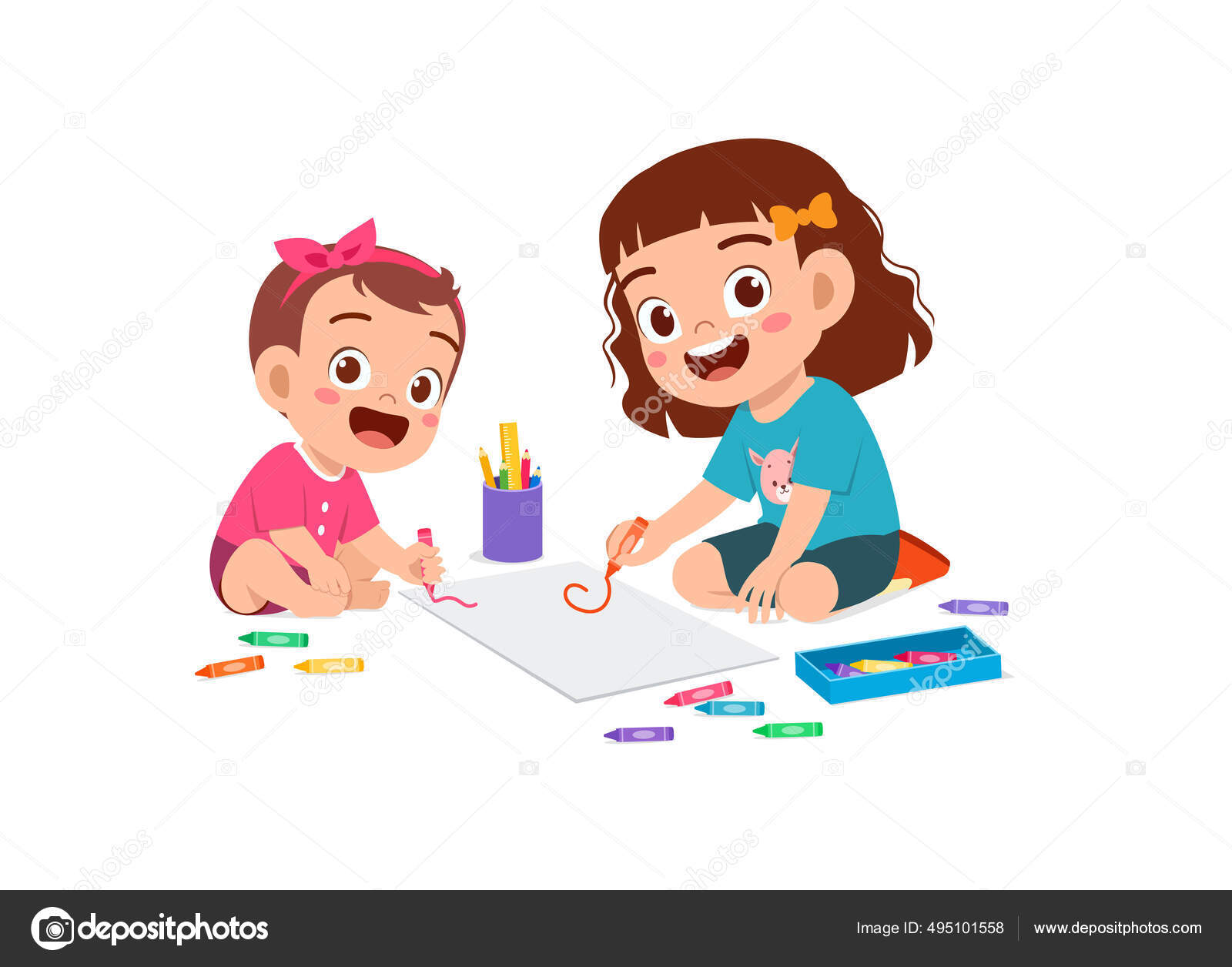 Cute Little Girl Drawing Together Baby Sibling ストックベクター © ...