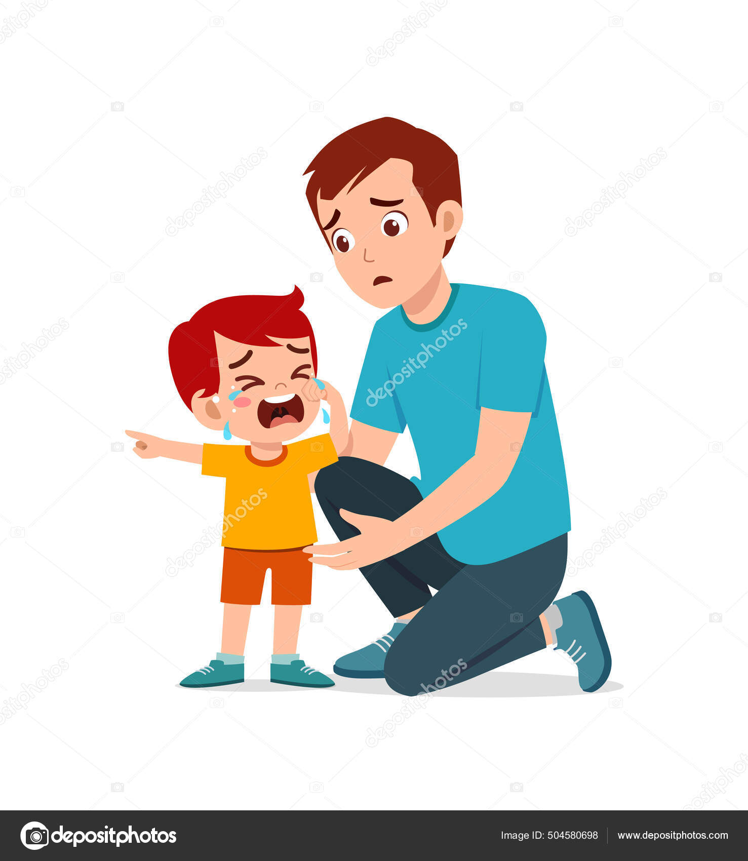 Joven Padre Abrazo Llorando Pequeño Niño Tratar Consolar Vector de ...