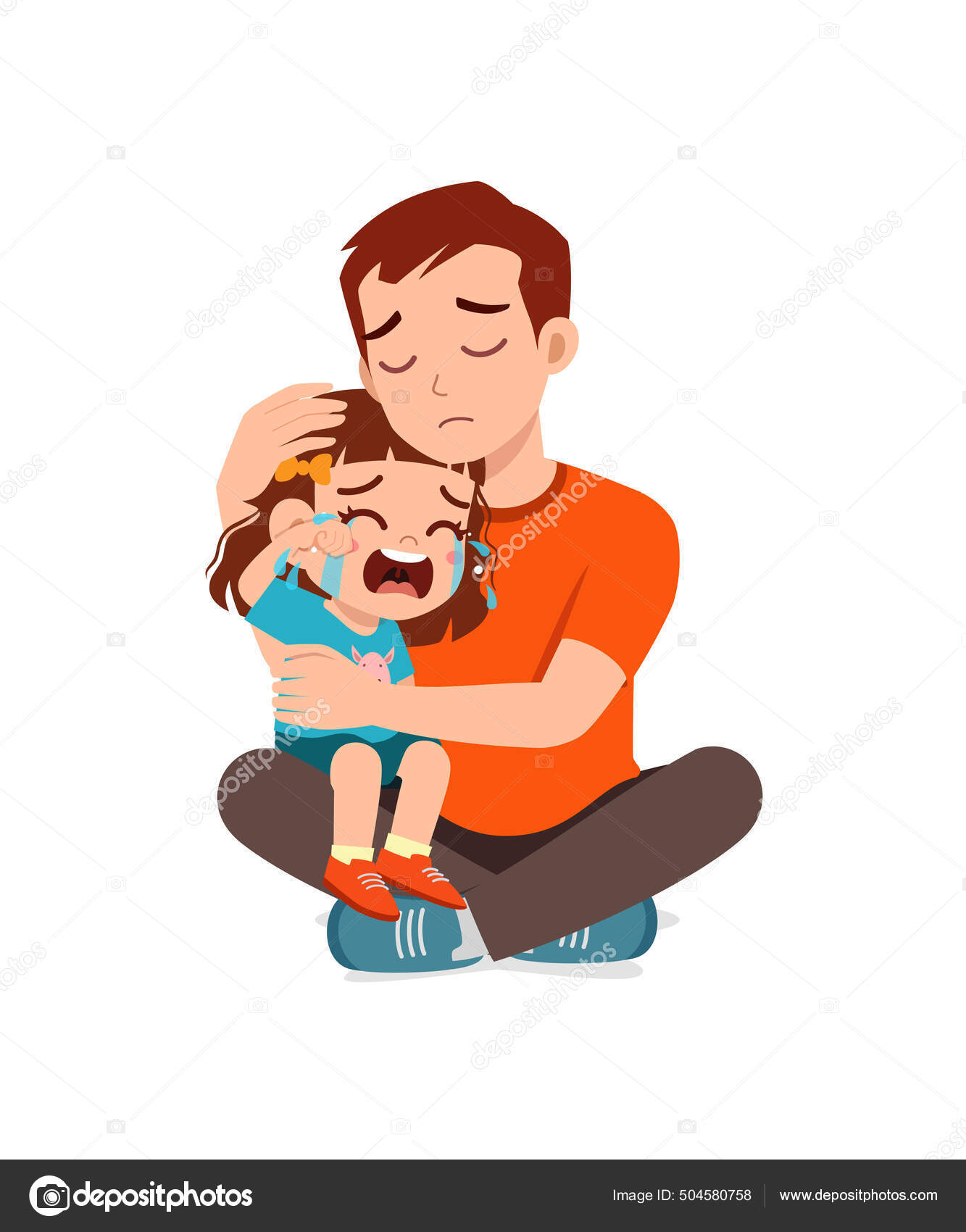 Junger Vater Umarmt Weinendes Kleines Mädchen Und Versucht Trösten ...