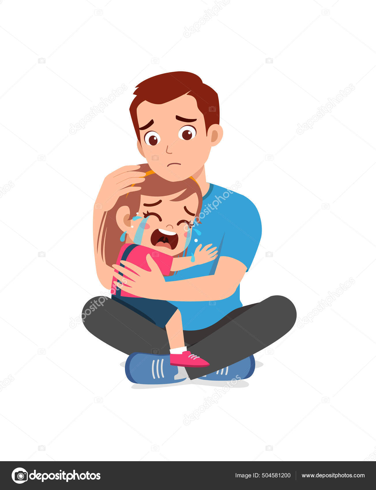 Joven Padre Abrazo Llorando Niña Tratar Consolar Vector de stock ...
