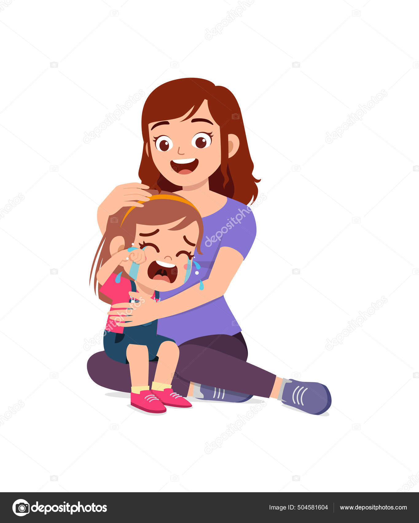 Jeune Mère Câlin Pleurer Petite Fille Essayer Confort Vecteur par ...