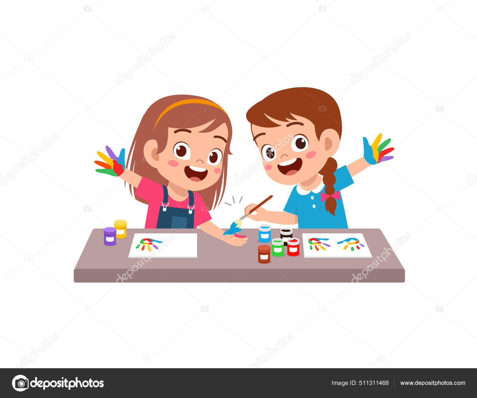 Menino Menina Bonitos Usando Tinta Mão Para Arte Vetor de ...