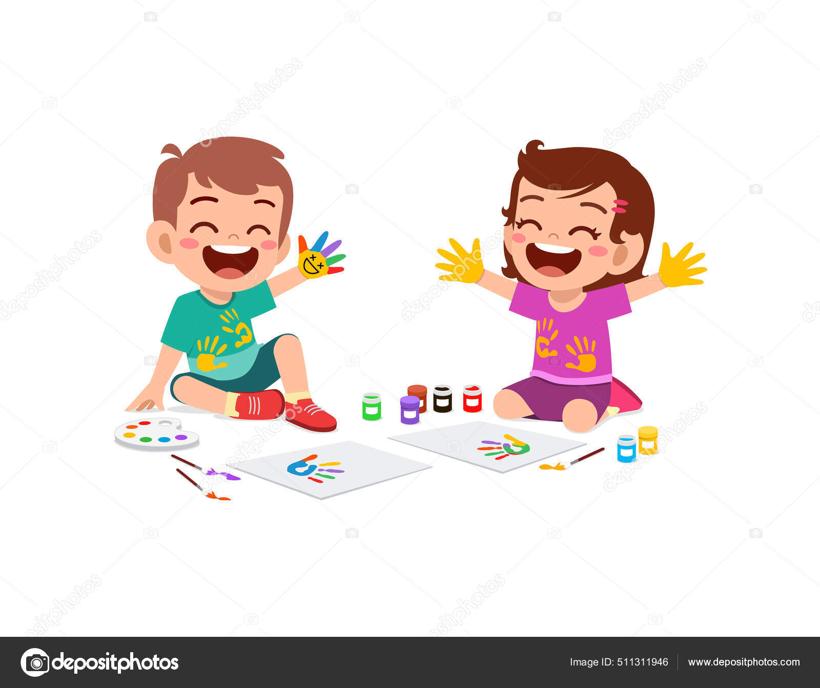 Menino Menina Bonitos Usando Tinta Mão Para Arte Vetor de stock de ...