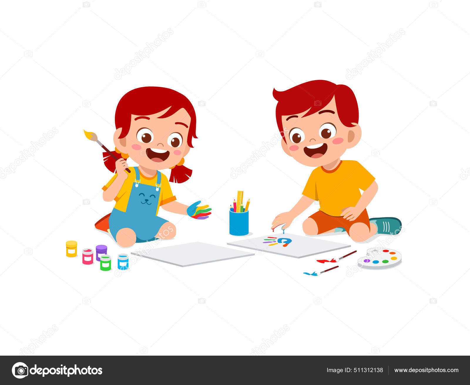 Cute Little Boy Girl Using Paint Hand Art Stock Vector Image by ...