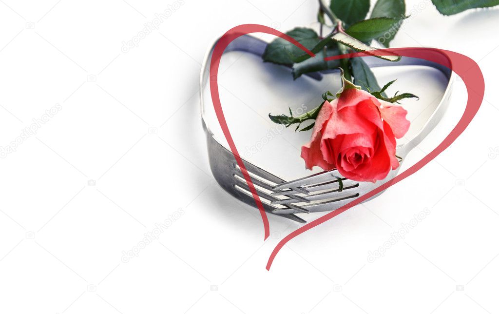 Heart shaped forks with a rose — Stock Photo © M.Grau #96092460