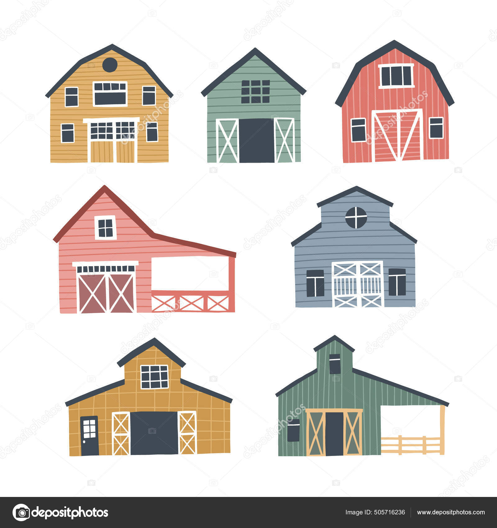 Set of cute barns. HAnd drawn vector illustration for map or farm Stock ...