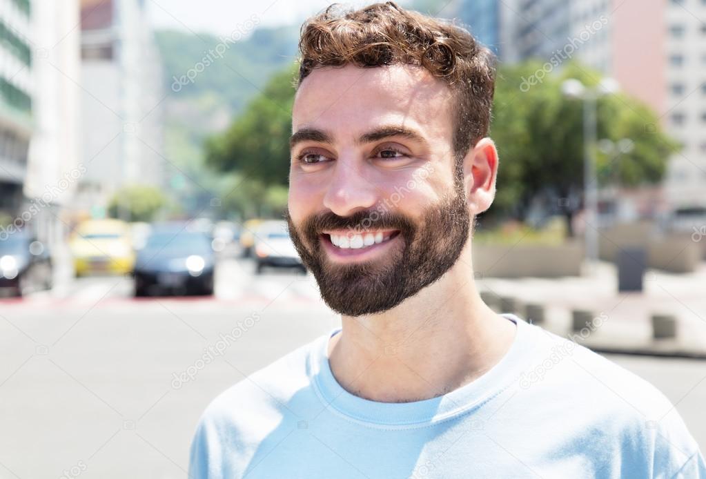 Happy caucasian man with beard outdoor in city Stock Photo by ...