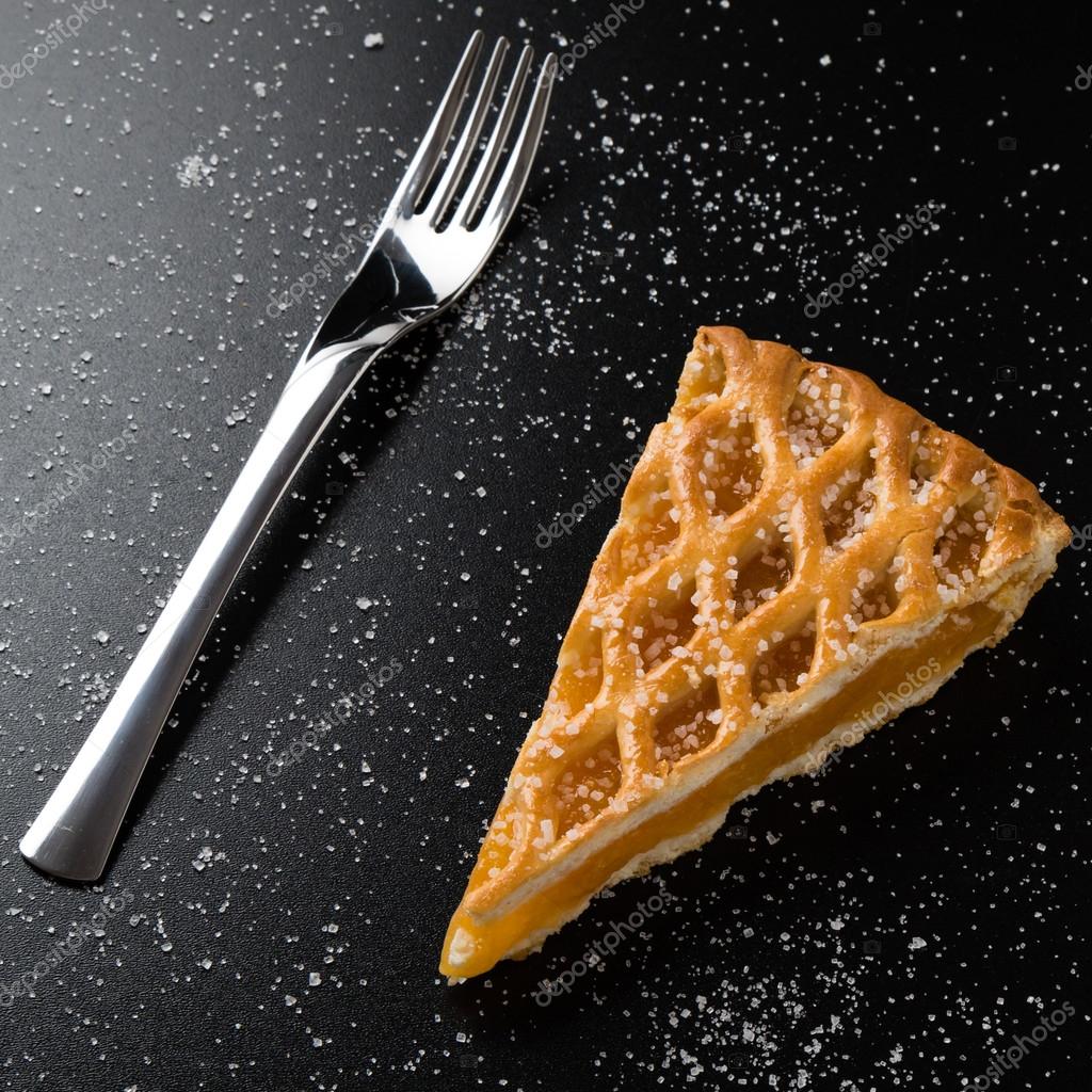 Apple pie slice on black table with fork — Stock Photo © furo_felix ...