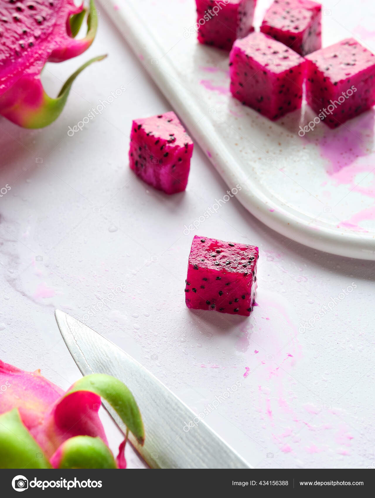 Pink Dragon Fruit Pitaya Pitahaya Cut Cubes White Plate Trendy Stock ...