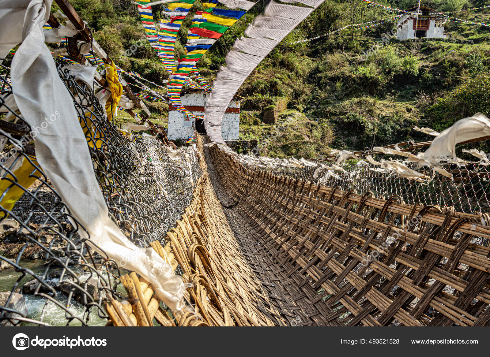 Ancient Holy Bamboo Bridge Many Buddhist Holy Flags Unique Perspective ...