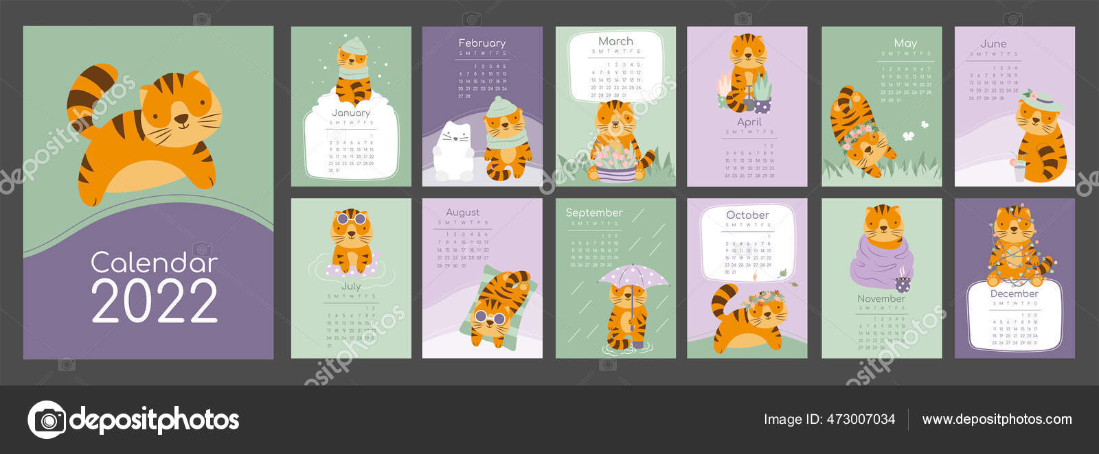 Vector vertical calendar 2022 with symbol of the year tiger. Cute funny ...