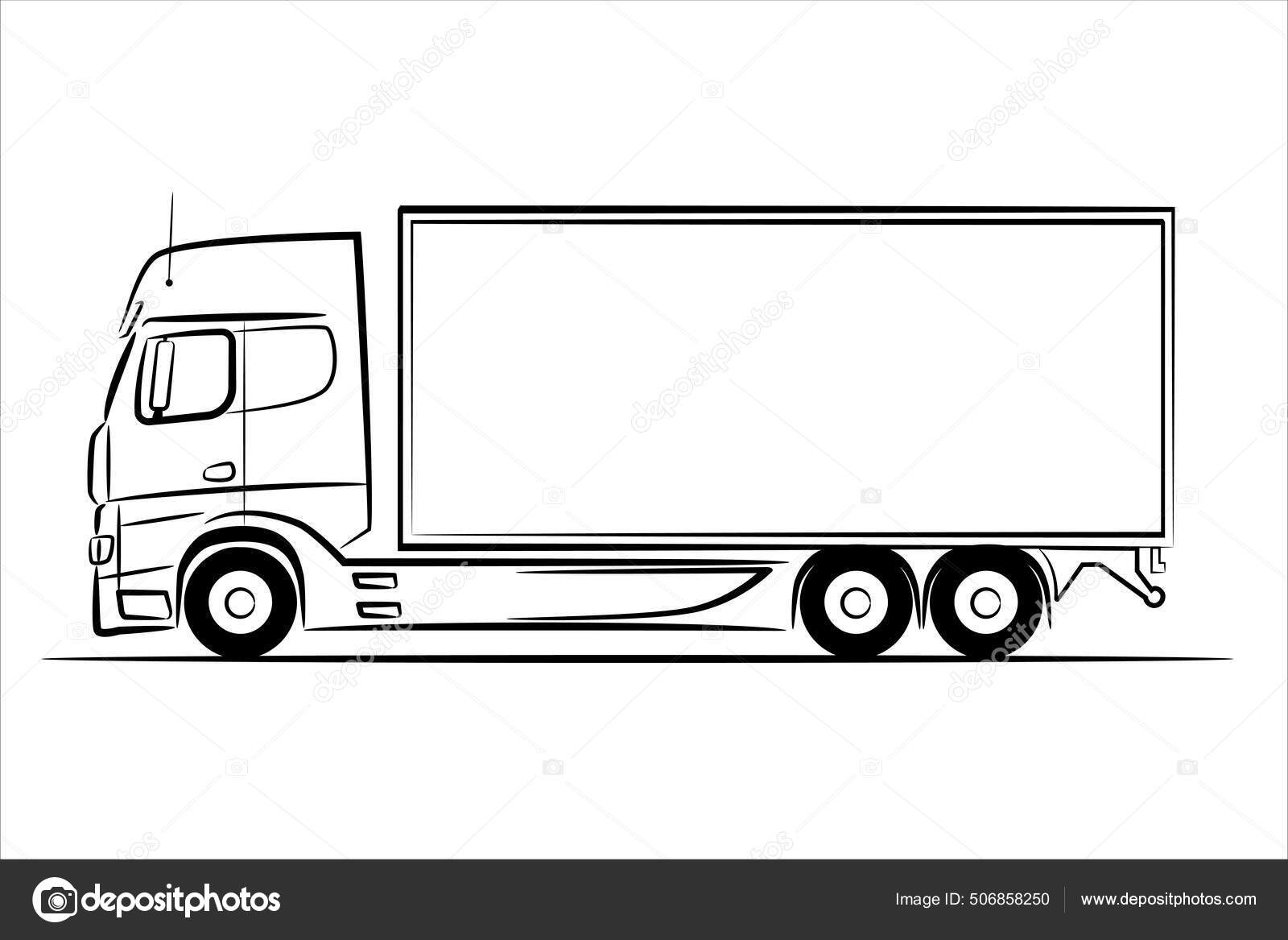 Hand Drawn Line Art Truck Car Outline Truck Lorry Side Stock Photo by ...