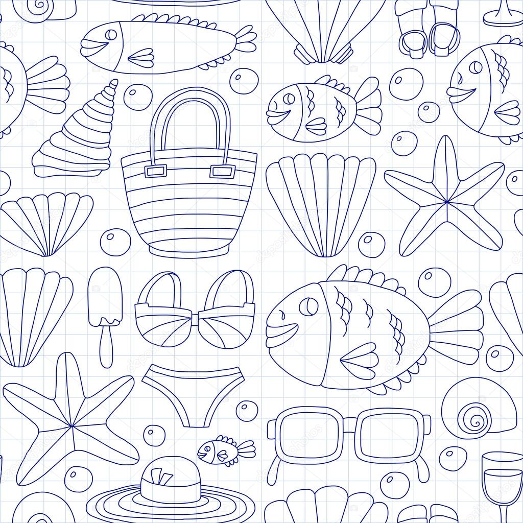 Vector doodle pictures of beach vacation and tropical sea life Stock ...