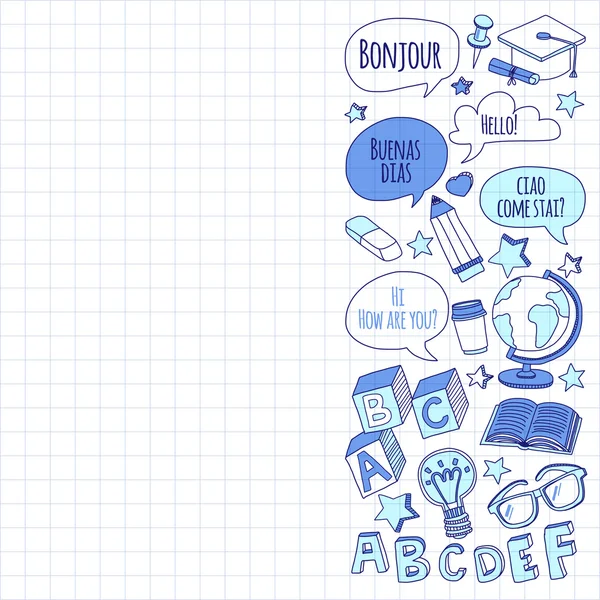 Language school linear doodle icons on notebook paper Stock Vector ...