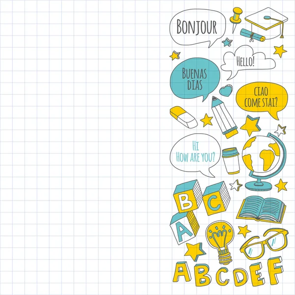 Language school linear doodle icons on notebook paper Stock Vector ...
