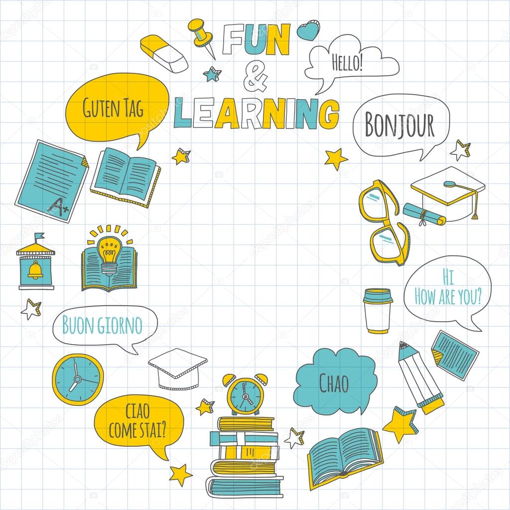 Language school linear doodle icons on notebook paper Stock Vector ...