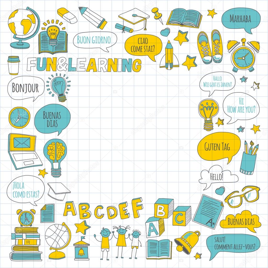 Language school linear doodle icons on notebook paper Stock Vector ...
