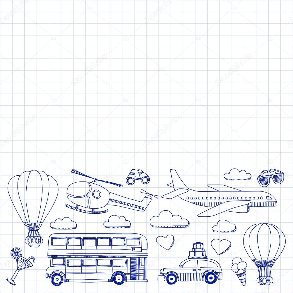 Vector doodle set of travel and transportation Car plane helicopter ...