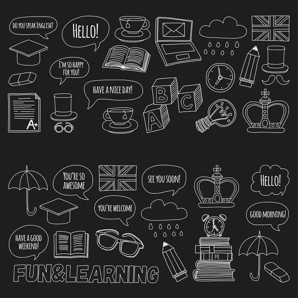 Vector set Doodle patterns and icons English courses Language school ...