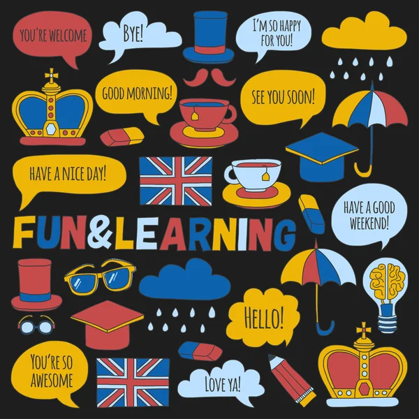 Vector set Doodle patterns and icons English courses Language school ...