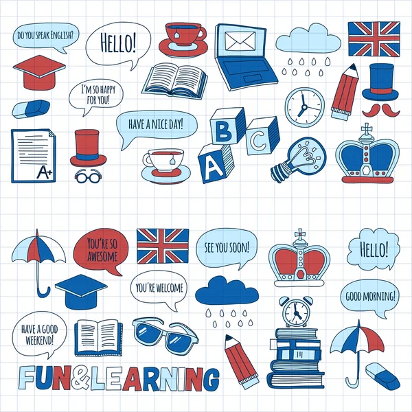 Vector doodle patterns English courses Language school — Stock Vector ...