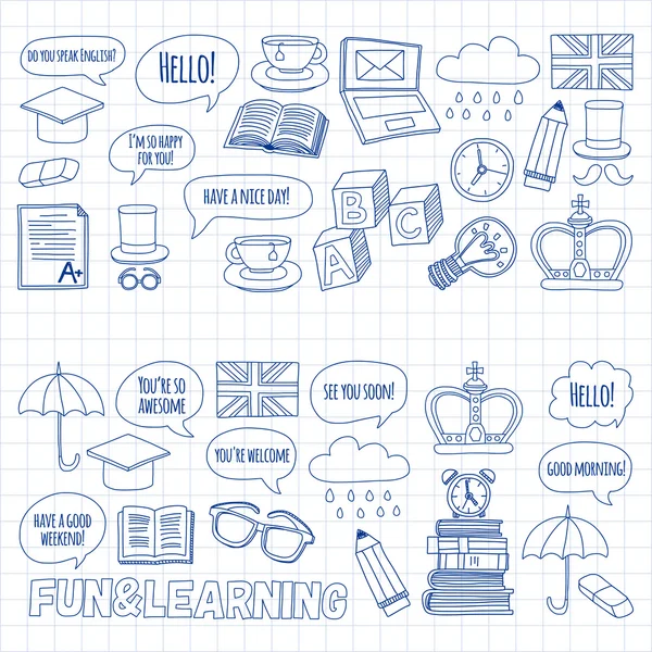 Vector set Doodle patterns and icons English courses Language school Stock Vector Image by ...
