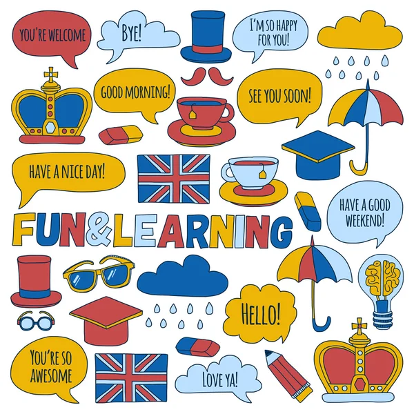 Vector set Doodle patterns and icons English courses Language school ...