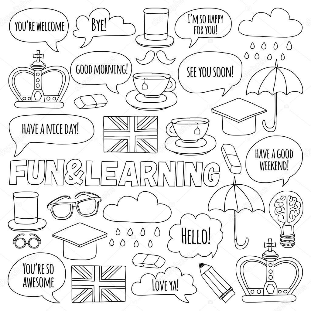 Vector set Doodle patterns and icons English courses Language school ...