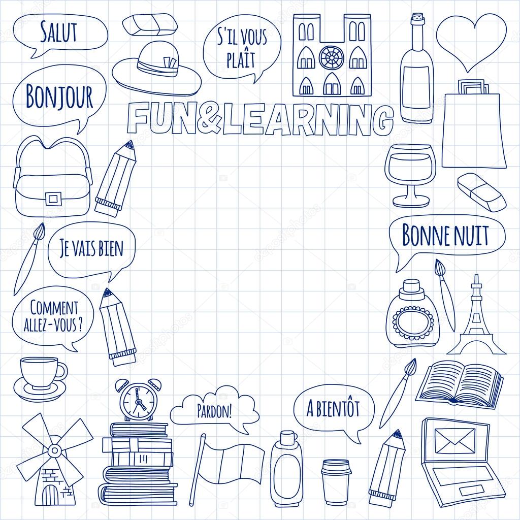 Online french courses Language school Vector set of doodle icons Stock ...