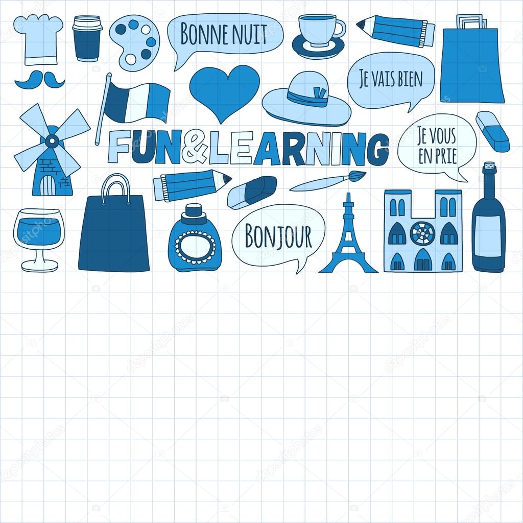 Online french courses Language school Vector set of doodle icons Stock ...