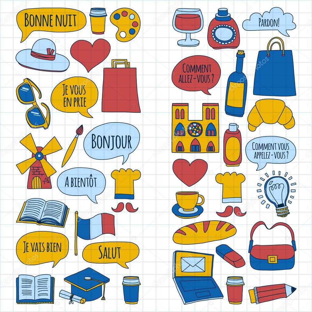 Online french courses Language school Vector set of doodle icons Stock ...