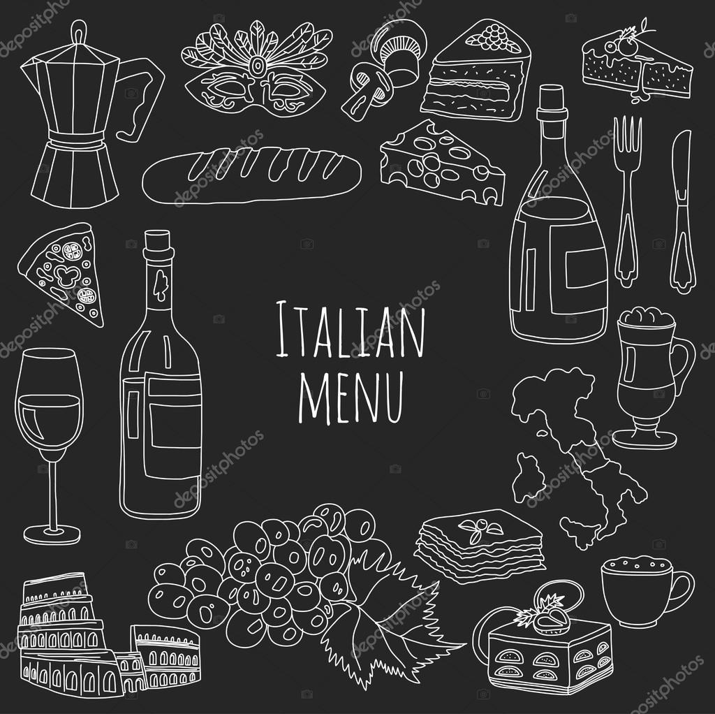 Set de garabatos vectoriales para menú italiano. Comida Viajes Cocina ...