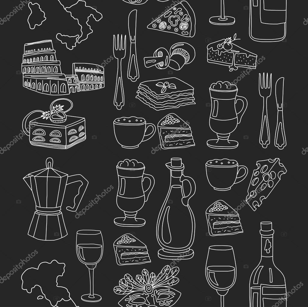 Set de garabatos vectoriales para menú italiano. Comida Viajes Cocina ...