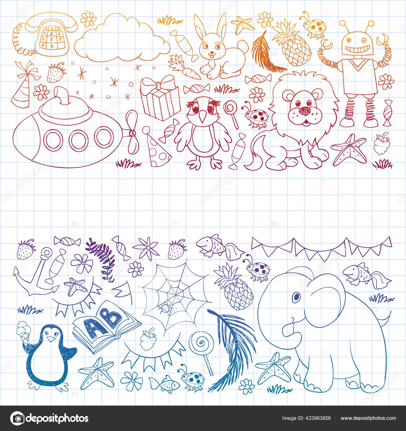 Vector kindergarten pattern with animals and toys. Illustration for ...