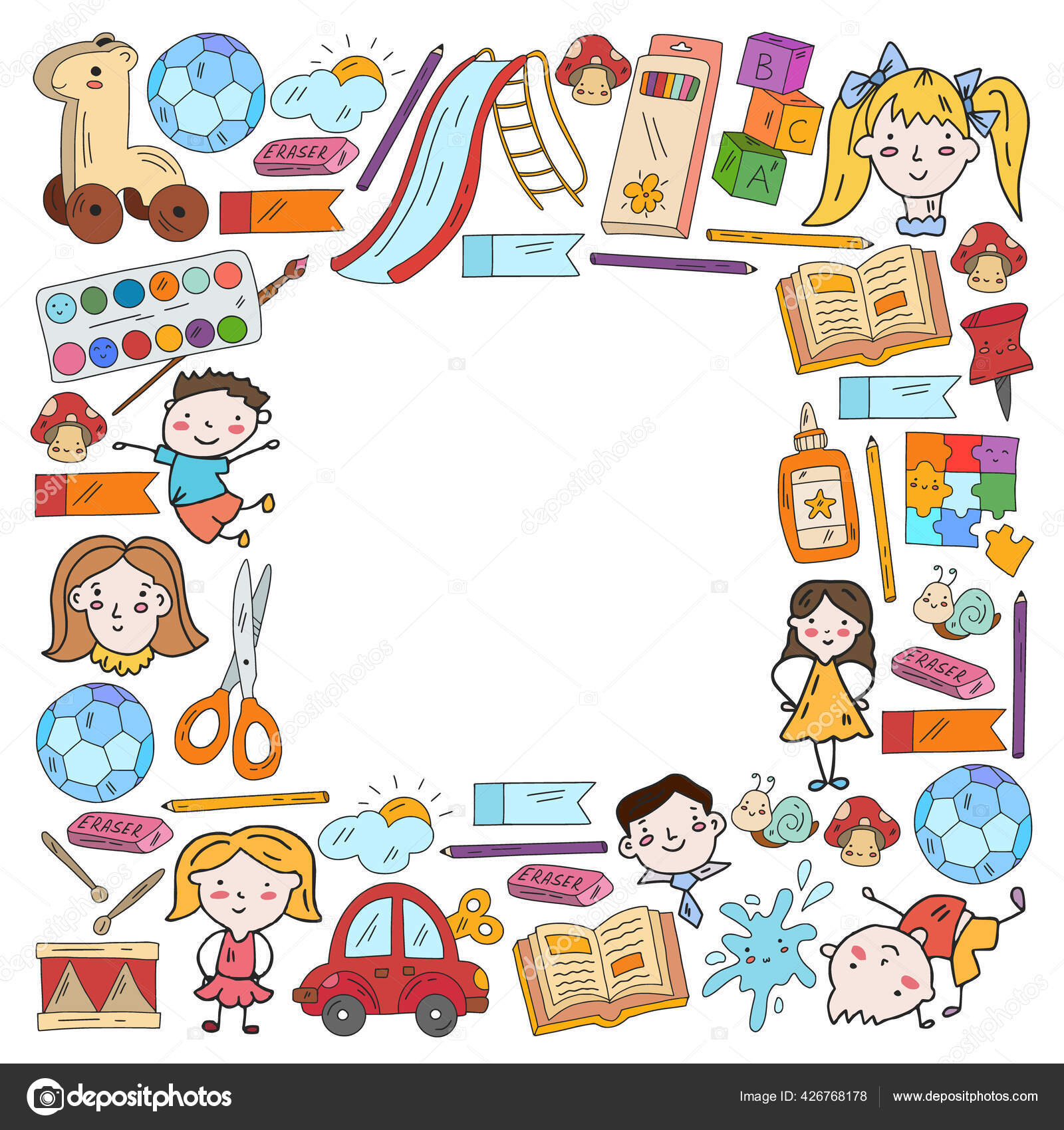 Kindergarten. Vector frame and pattern with toys and small children ...