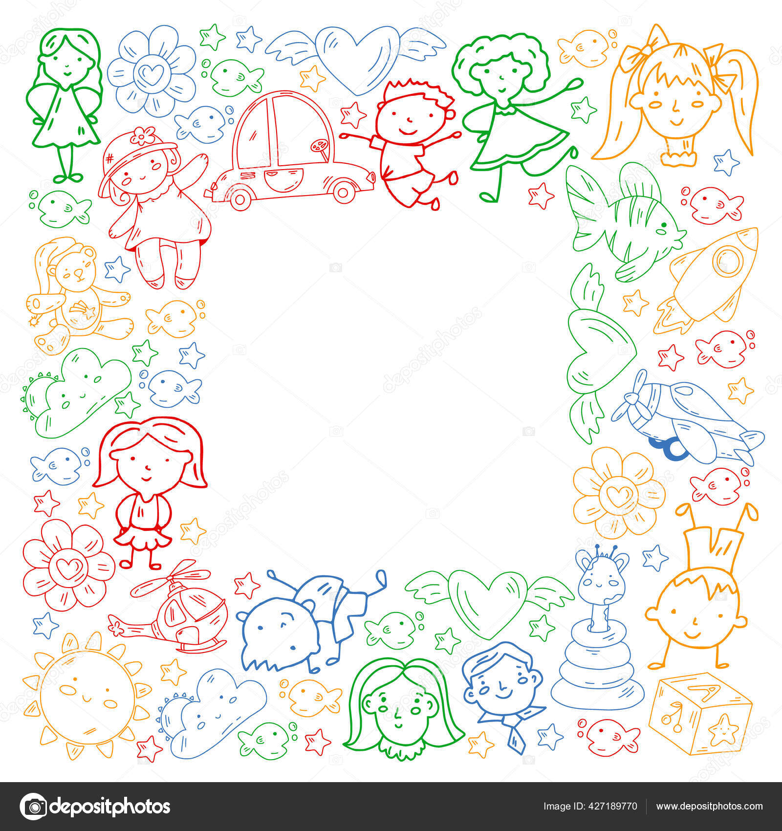 Doodle set of objects for kids. Toys and boys and girls. Kindergarten ...