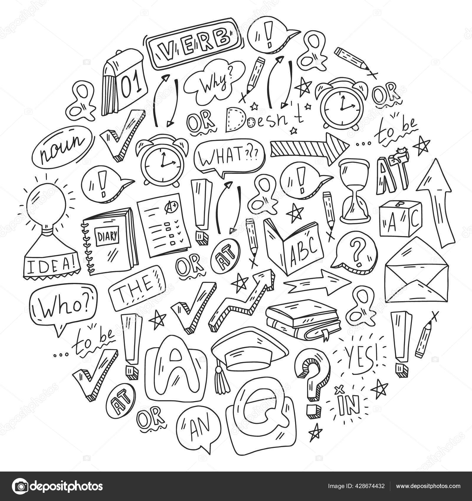 Doodle vector pattern. Illustration of learning English language. E-learning, online education ...