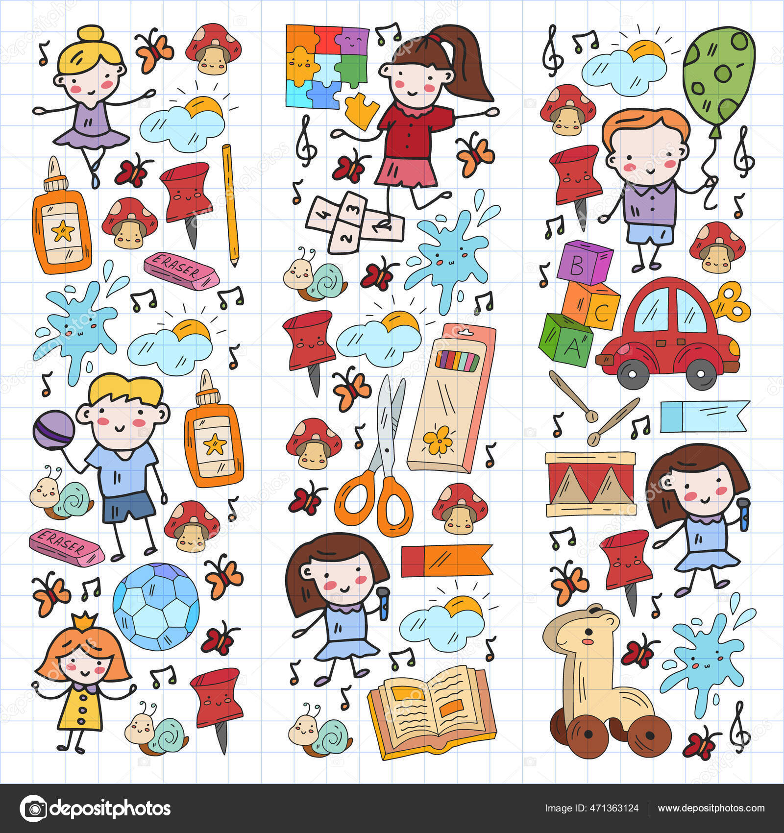Vector pattern with boys and girls. Kindergarten and toys. Happy ...