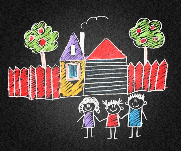 Lykkelig familie med hus. Kids tegning stil vektor illustration ...