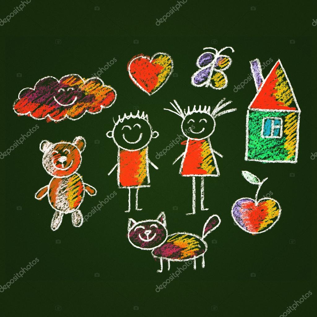 Set of colorful kids drawing style pictures Stock Illustration by ...