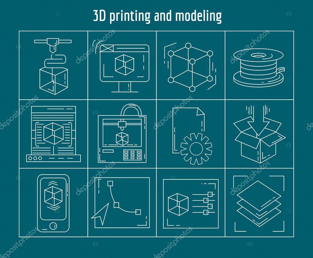 Printing and modeling Vector set of linear icons — Stock Photo © Helen ...