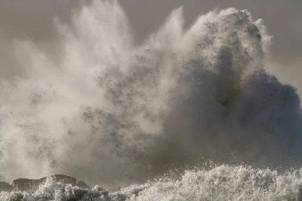 Storm Coast Seeing Big Wave Breaking Rocks Cliffs Splash Spray — Stock ...