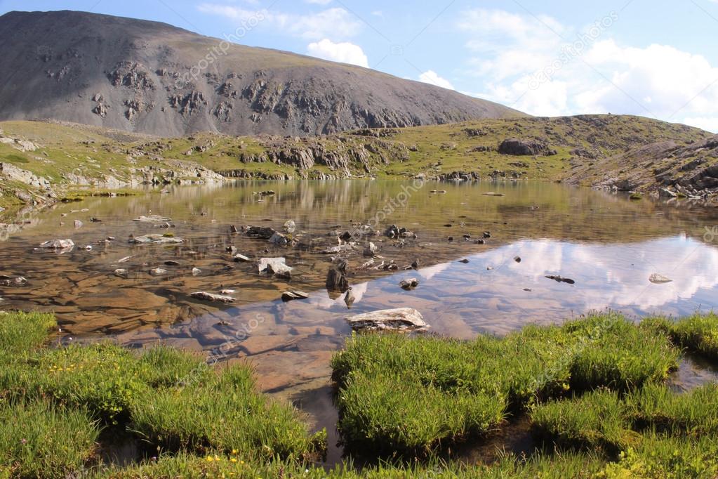 Paisaje con lago limpio y hierba verde en las montañas de Altai. 2023