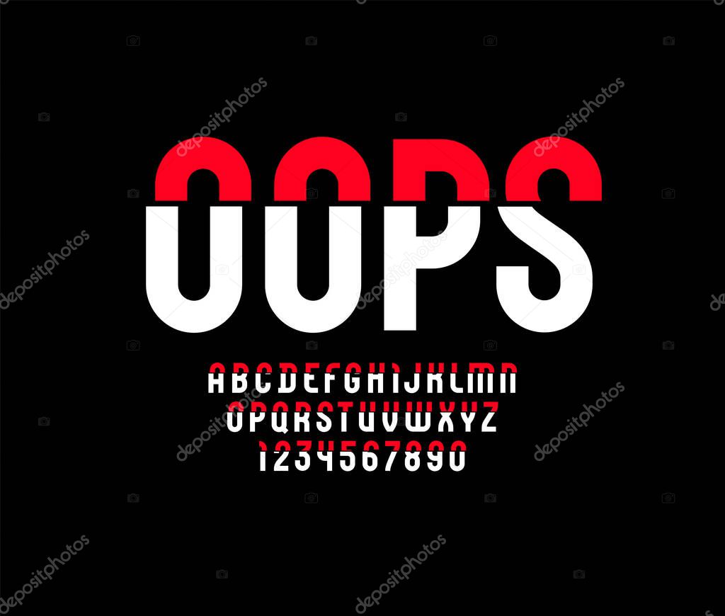 Fuente moderna dañada, alfabeto distorsionado de moda, letras y números ...