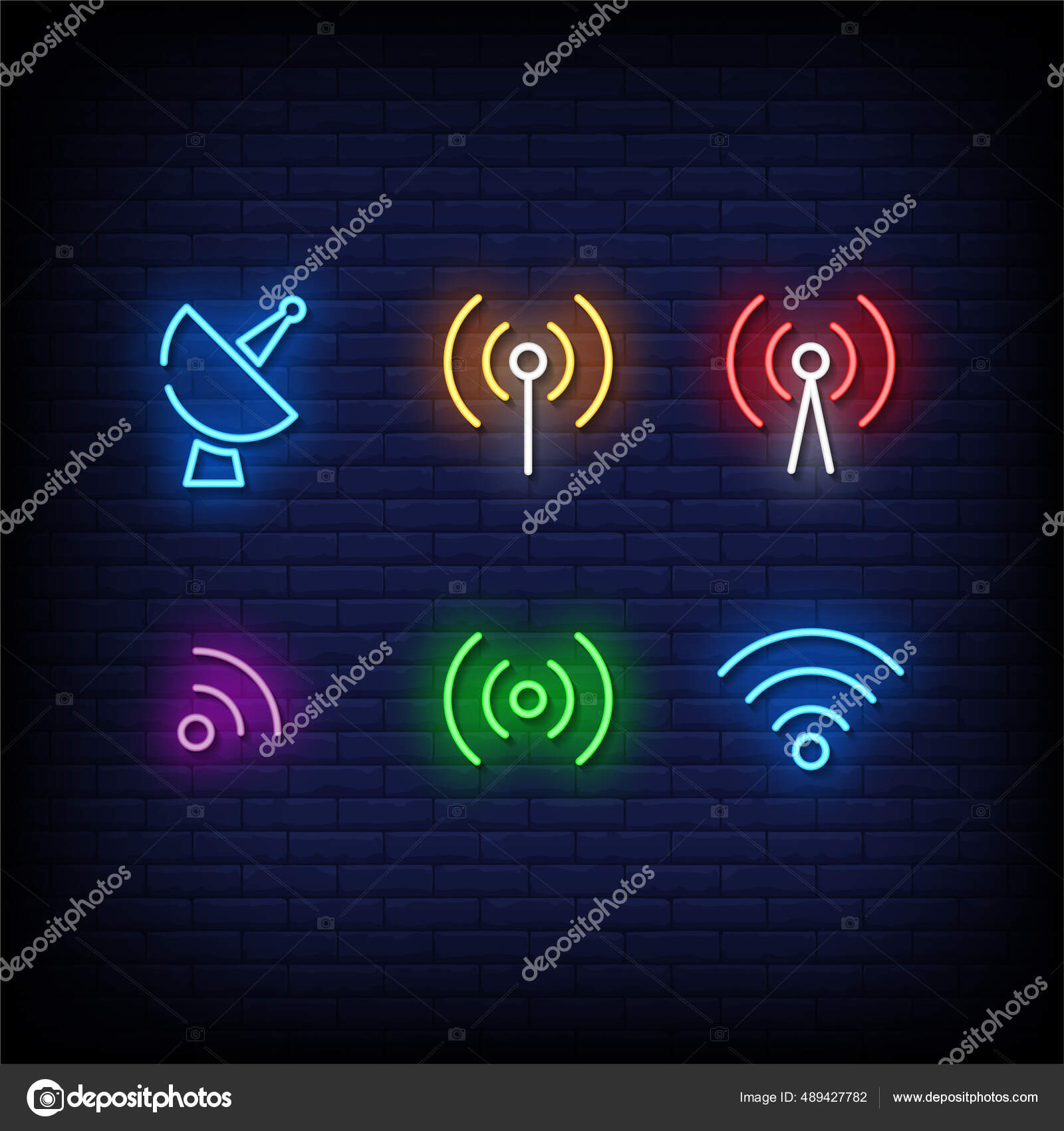 Antenna Signals Set Neon Vector Illustration Dark Background Stock ...